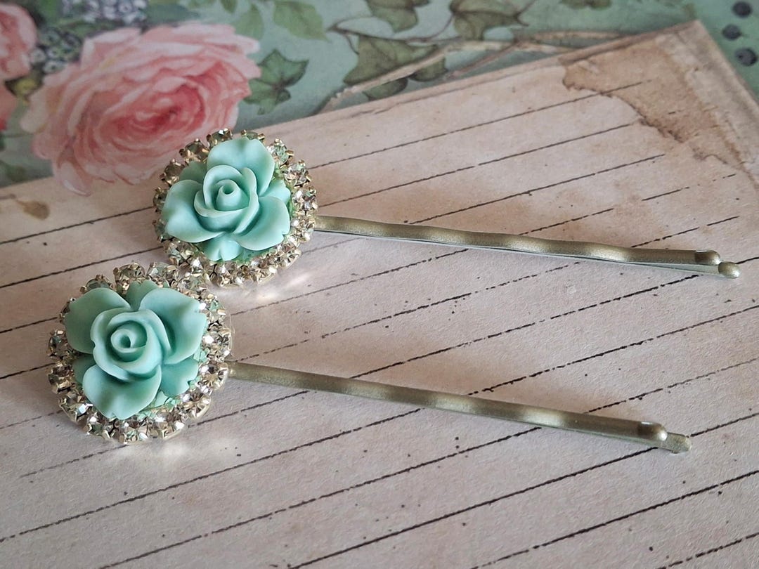 Mint Flowers and Rhinestones Bobby Pins, Bridal Bobby Pins, Wedding ...