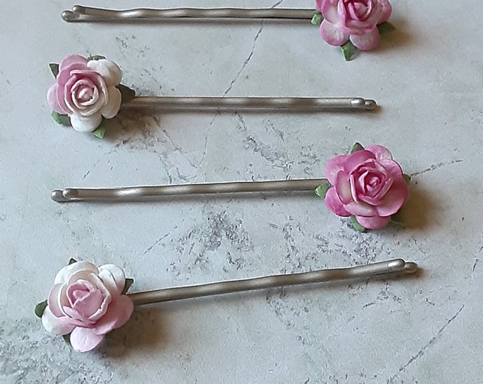 Pink and White Roses Bobby Pins Set of 4 Gift for Her, Hair Accessories ...