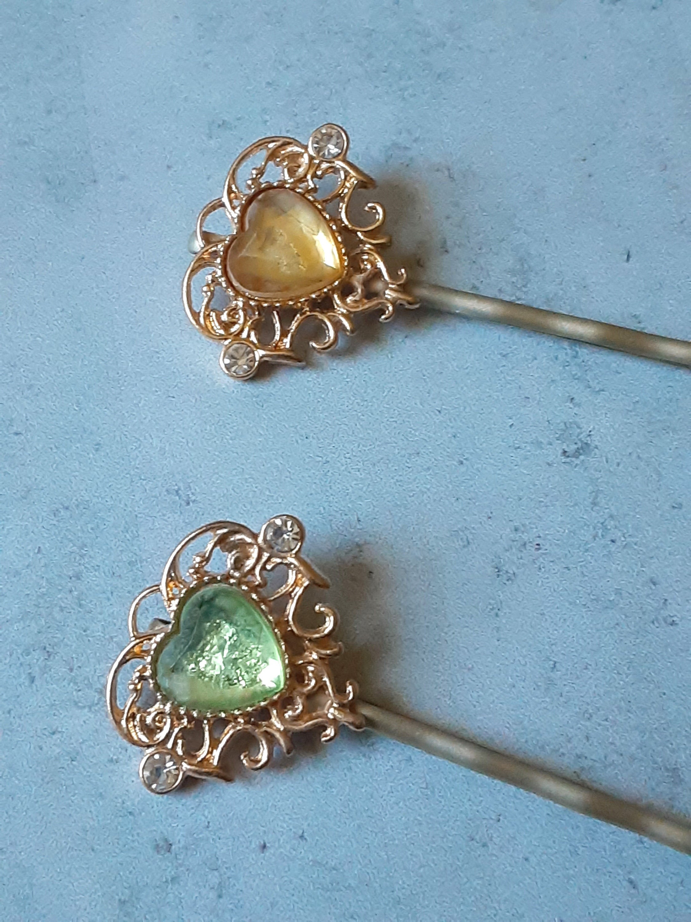 Amber and Green Hearts Bobby Pins Set of 2 Rhinestones Heart Bobby Pins ...