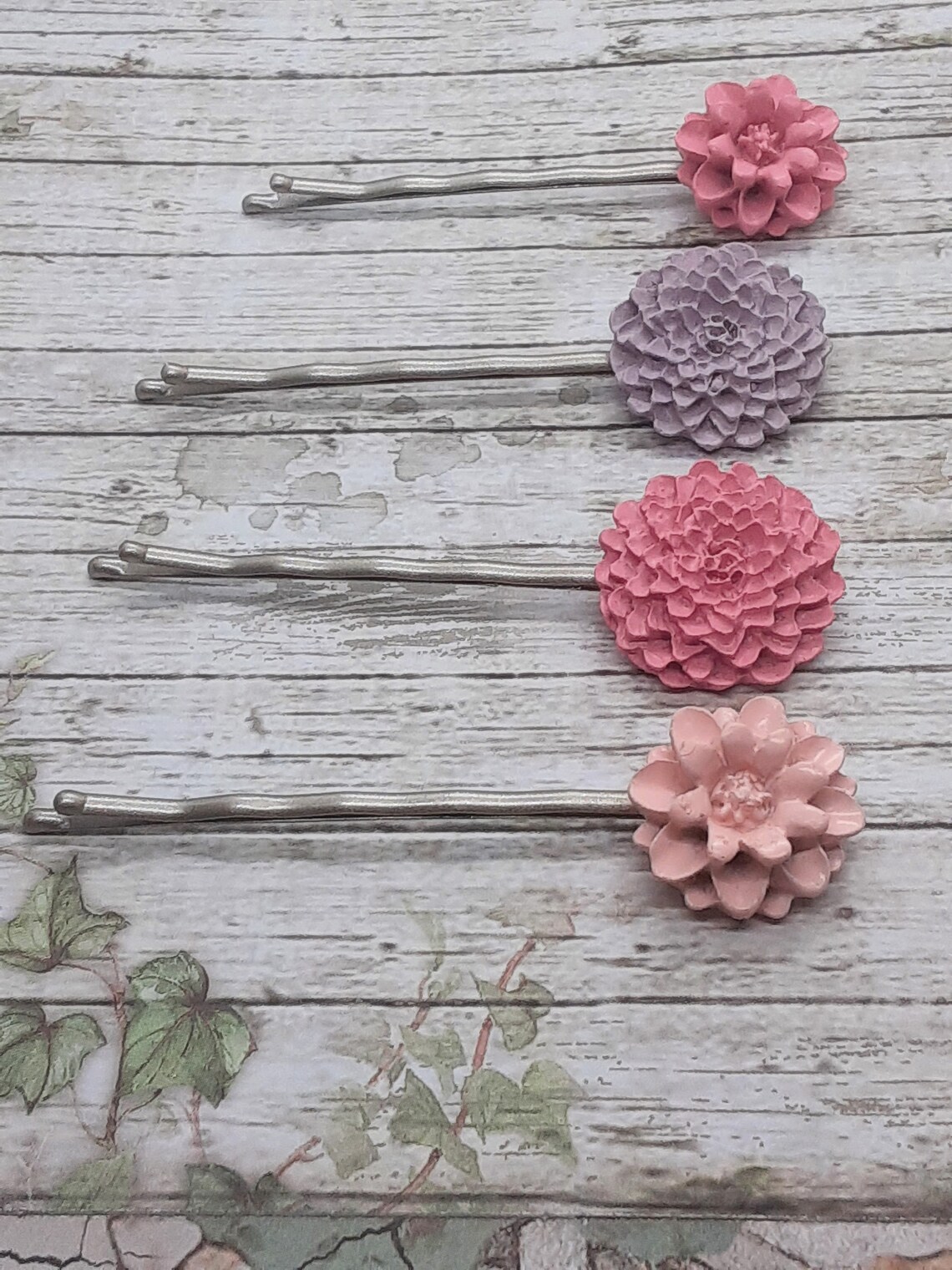 Pink Flowers Bobby Pins Set of 4, Pink Flowers Hair Pins, Flowers Hair ...
