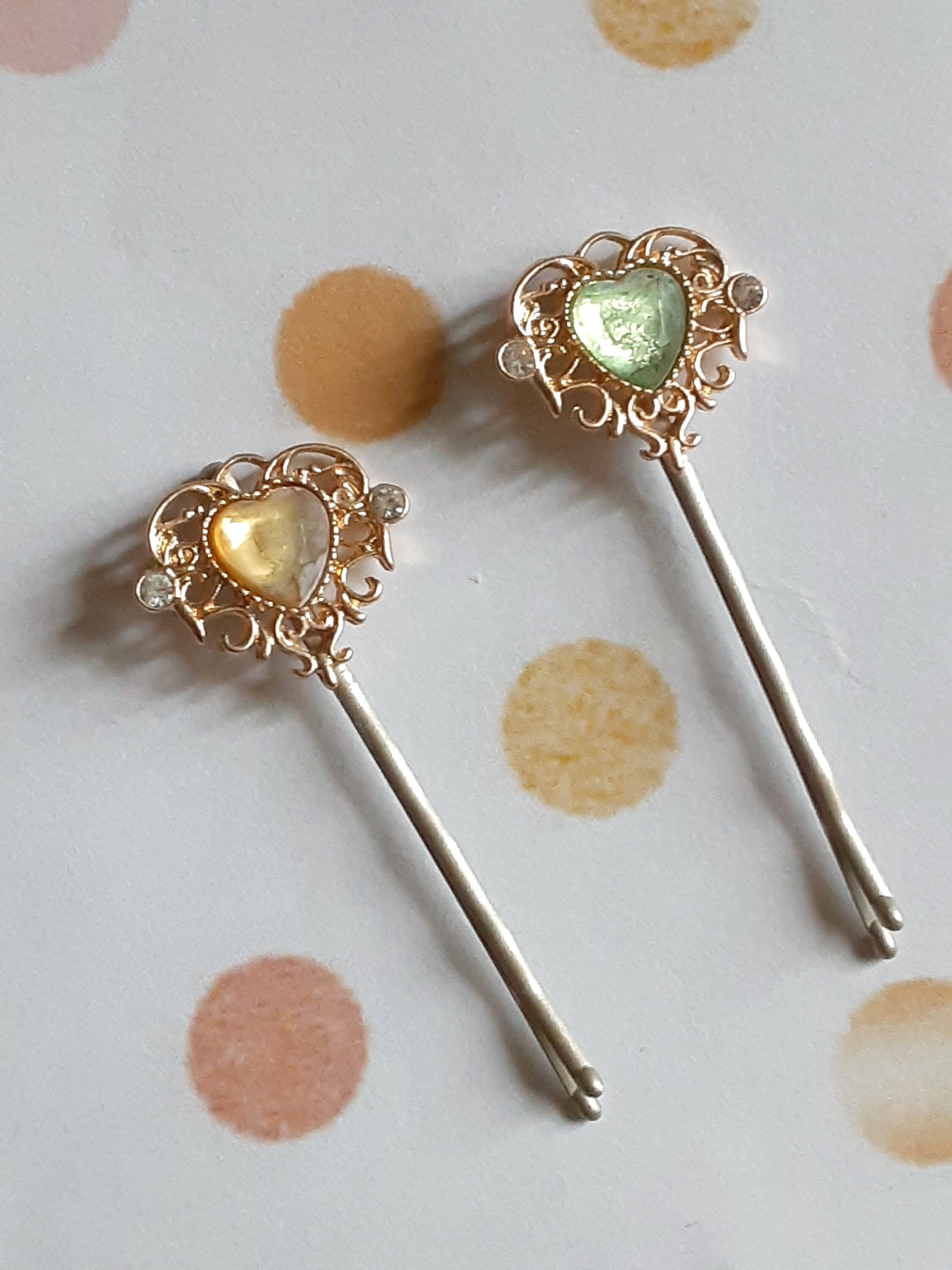 Amber and Green Hearts Bobby Pins Set of 2 Rhinestones Heart Bobby Pins ...