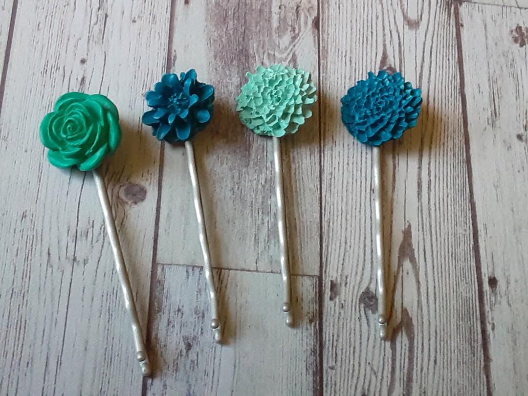 Turquoise Flowers Bobby Pins 2, Flowers Bobby Pins, Bobby Pins Set ...