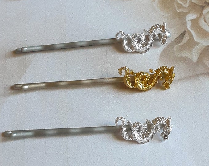 Silver or Golden Dragons Bobby Pins, Set of 2 Gothic Dragon Bobby Pins ...