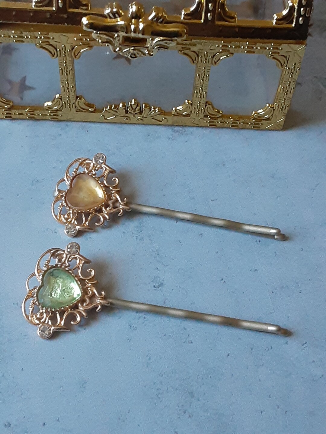 Amber and Green Hearts Bobby Pins Set of 2 Rhinestones Heart Bobby Pins ...
