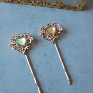 Amber and Green Hearts Bobby Pins Set of 2 Rhinestones Heart Bobby Pins ...