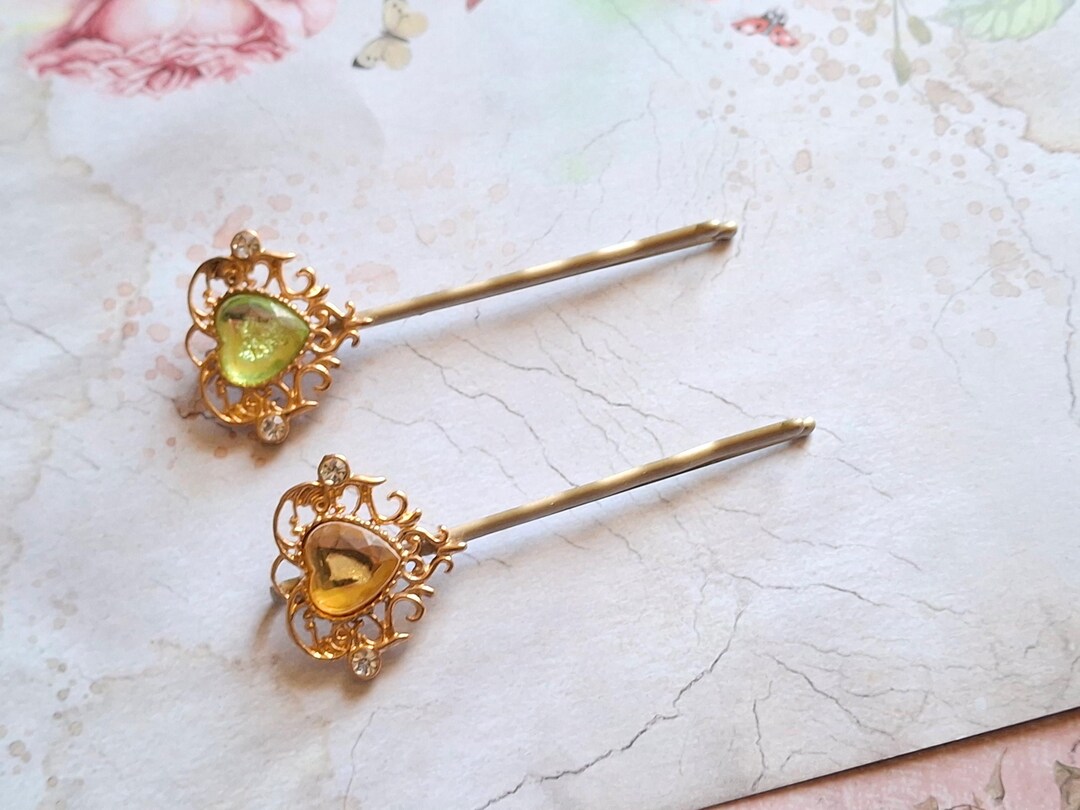 Amber and Green Hearts Bobby Pins Set of 2 Rhinestones Heart Bobby Pins ...