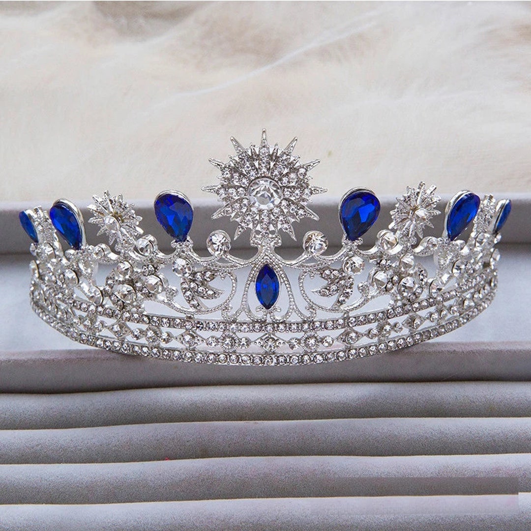 Wedding Crown With Rhinestones and Blue Gems, Quinceañera Tiara ...