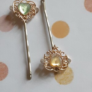 Amber and Green Hearts Bobby Pins Set of 2 Rhinestones Heart Bobby Pins ...