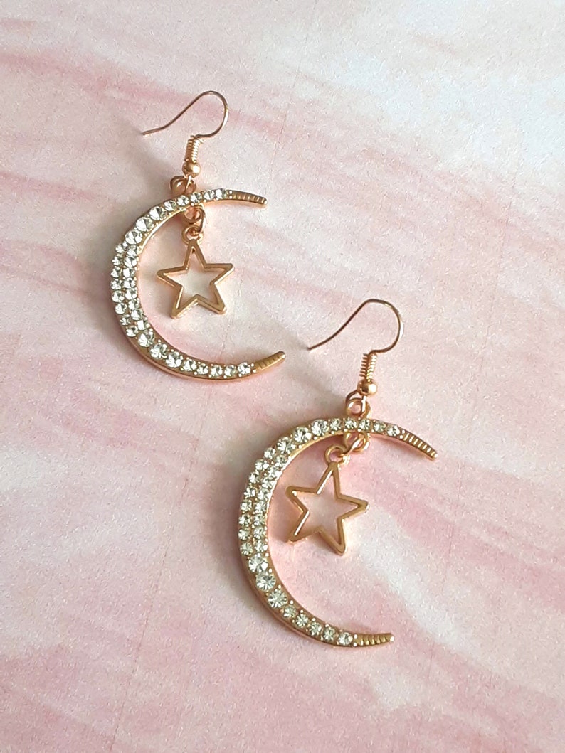 Moon and Star Earrings, Half Moon Earrings, Moon and Star Dangle ...