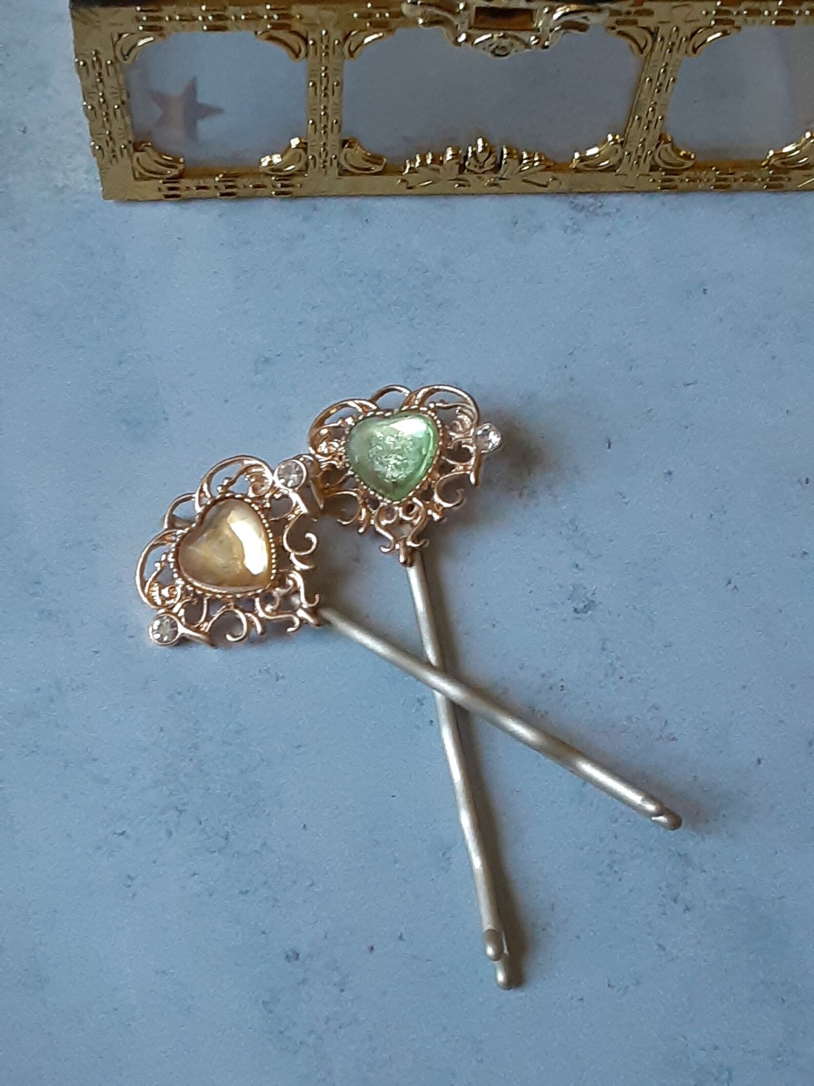 Amber and Green Hearts Bobby Pins Set of 2 Rhinestones Heart Bobby Pins ...