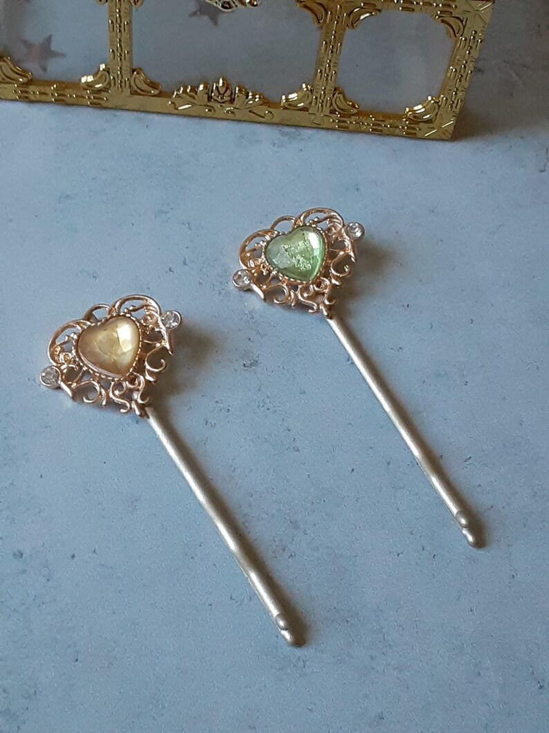 Amber and Green Hearts Bobby Pins Set of 2 Rhinestones Heart Bobby Pins ...