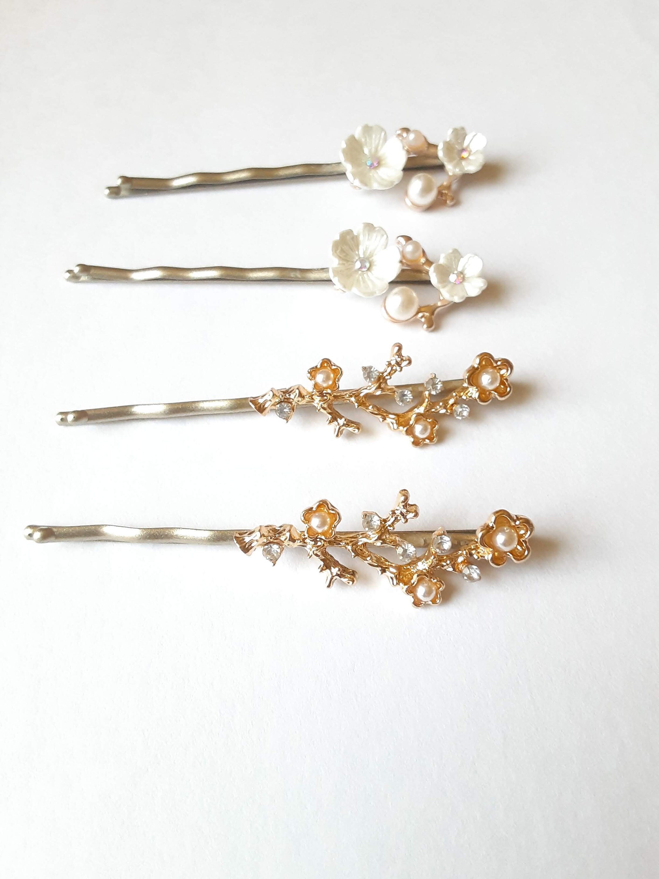 White and Golden Bobby Pins Set of 4 Bridal Bobby Pins White Flowers ...