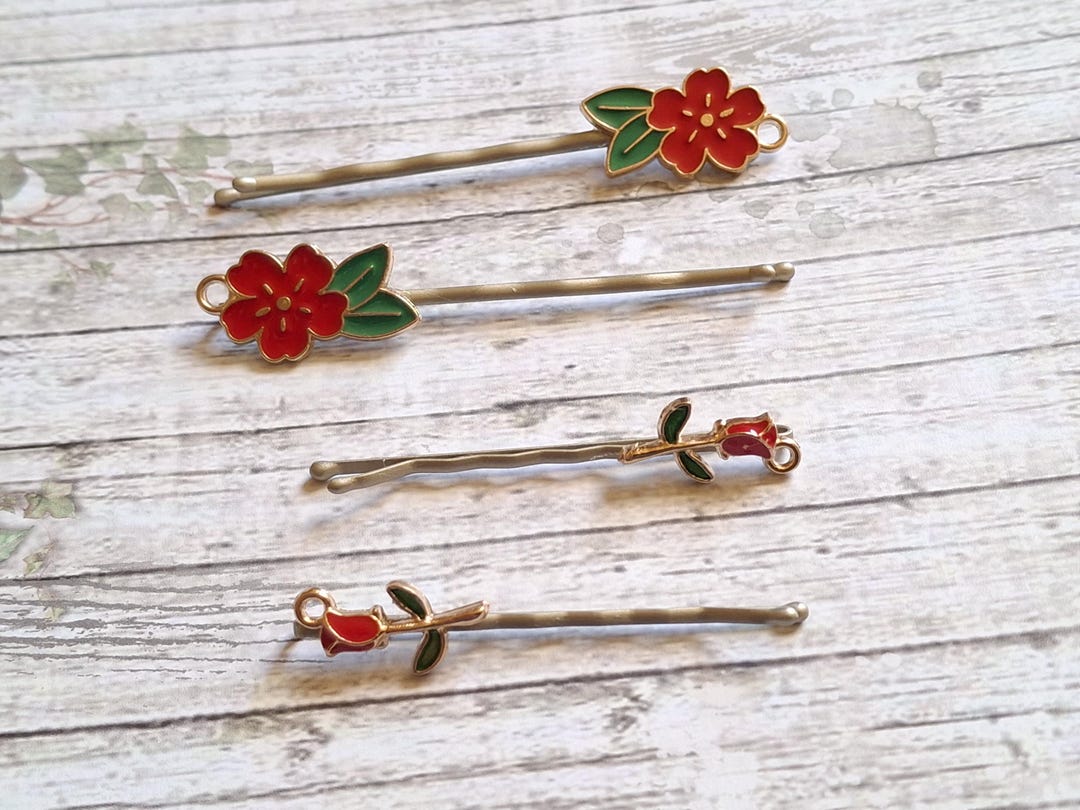 Hibiscus and Roses Bobby Pins, Red Flowers Bobby Pins, Floral Bobby ...