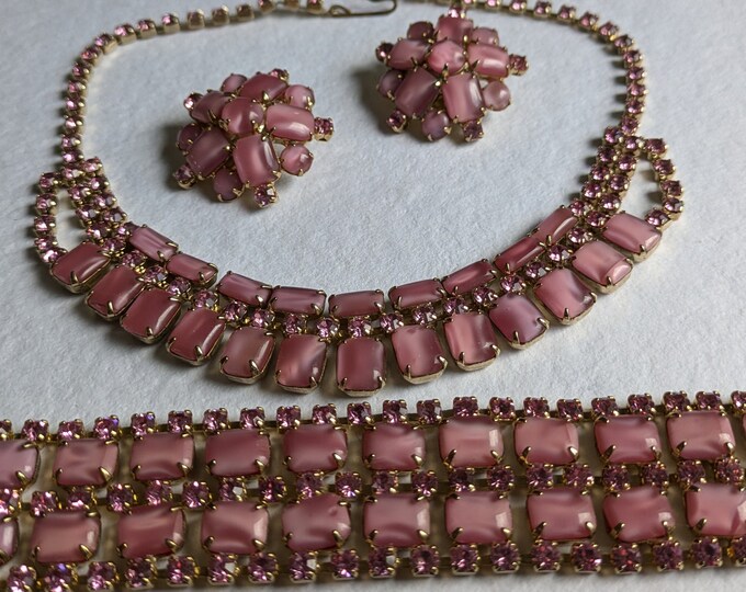 Ultra Rare: Vintage Pink Juliana Satin Moonglow Glass and Prong Rhinestone Bracelet, Earring and ...