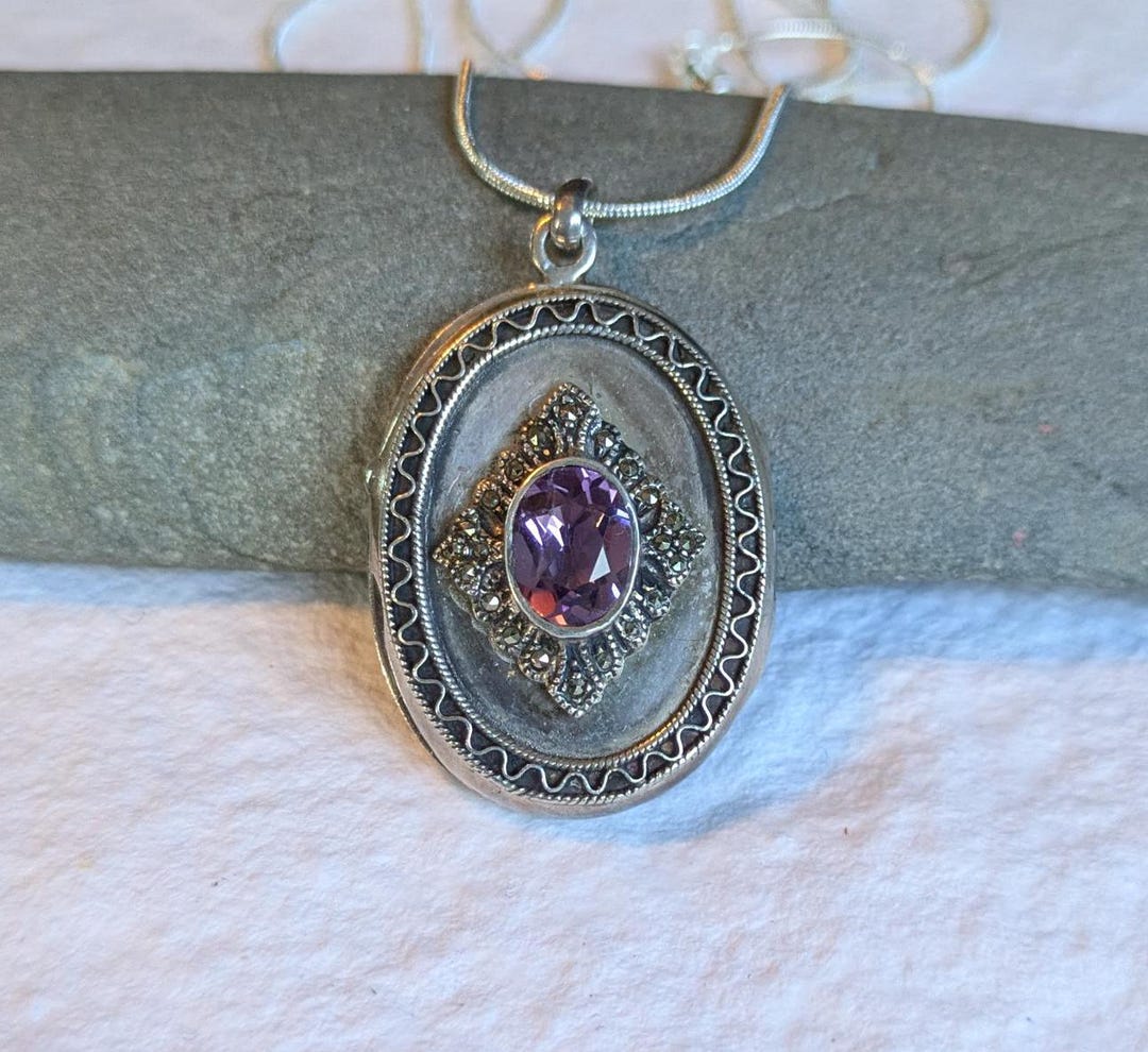 Art Nouveau Heart: Vintage FAS 925 Sterling Oval Filigree and Amethyst ...