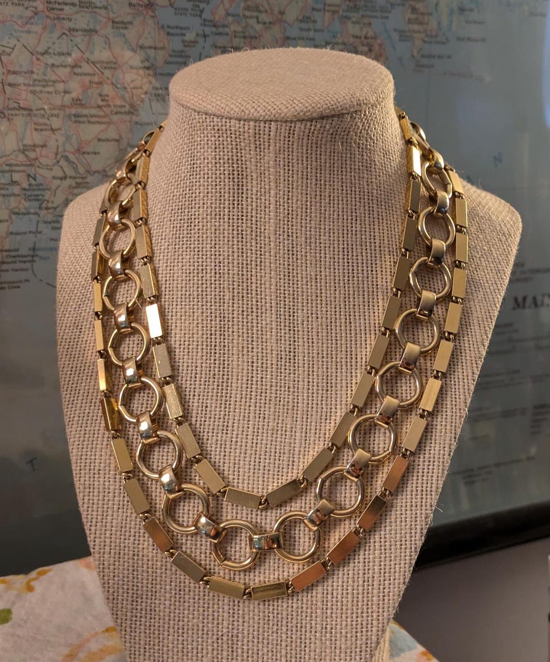 Vintage Chunky Gold Monet Signed Triple Three Strand Chain Necklace ...