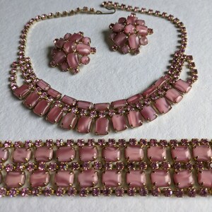 Ultra Rare: Vintage Pink Juliana Satin Moonglow Glass and Prong Rhinestone Bracelet, Earring and ...