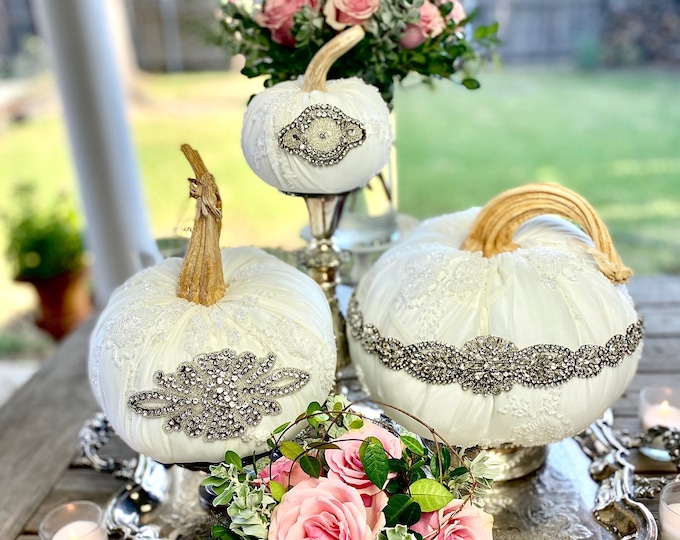 Fall Wedding Pumpkin Centerpiece With Jewels, White Pumpkins ...