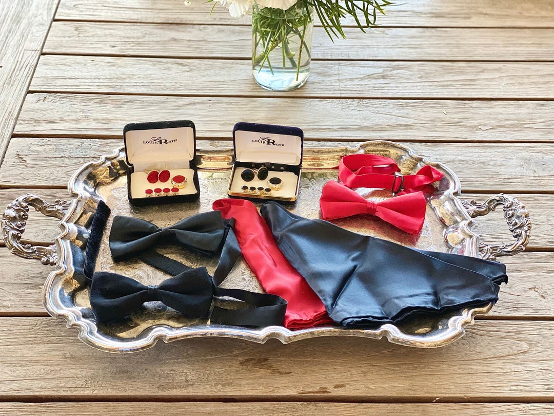 Black Bow Tie Set, Prom Cuff Link Set, Tuxedo Set, Red Bow Tie and Cuff ...