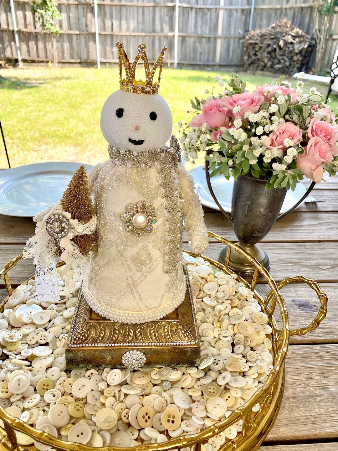 Elegant Snowman With Crown, Vintage Silk Beaded and Jeweled Snow Queen ...