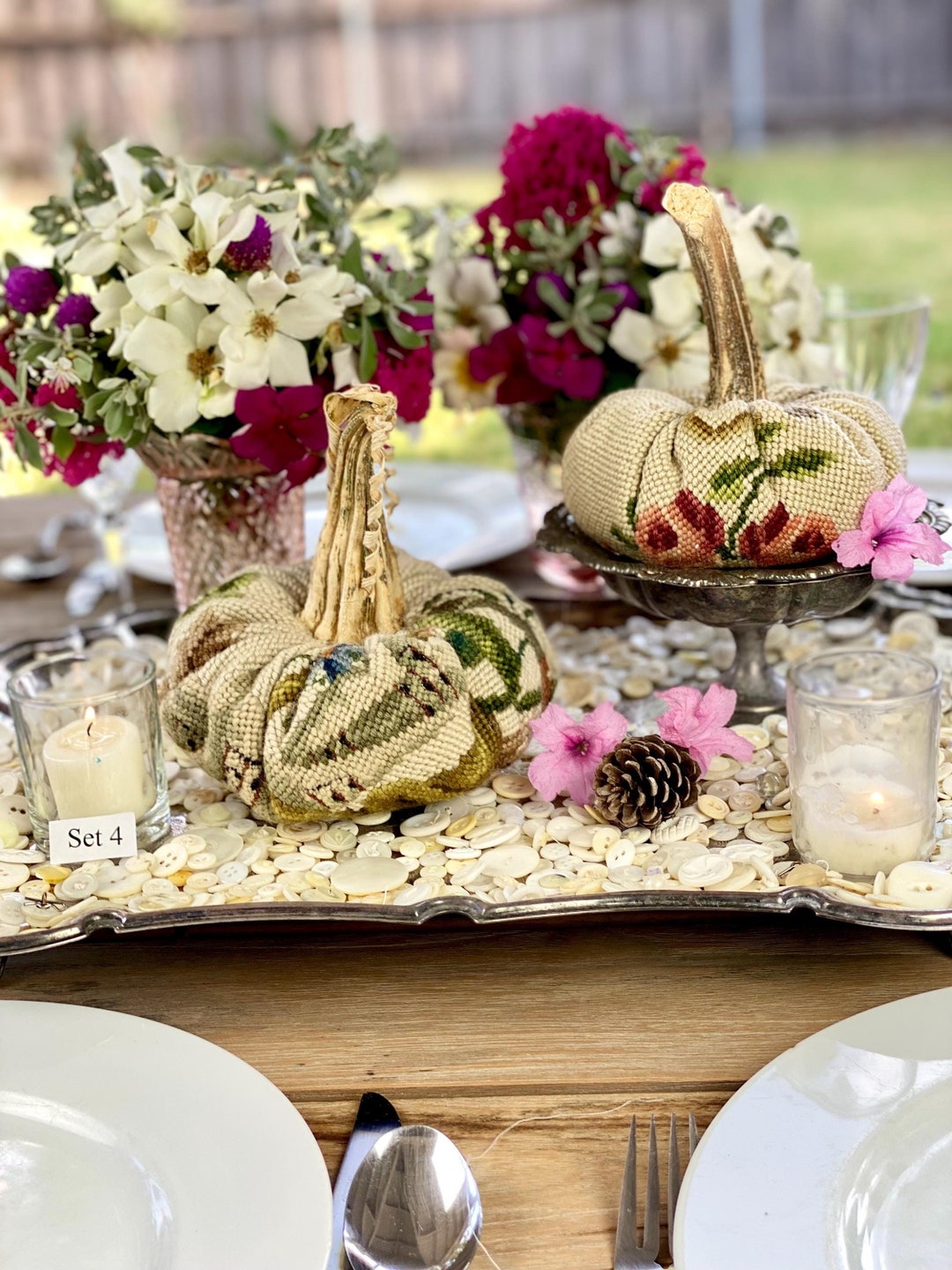 Needlepoint Pumpkins, Beige/tan Velvet Pumpkins With Real Pumpkin Stems ...