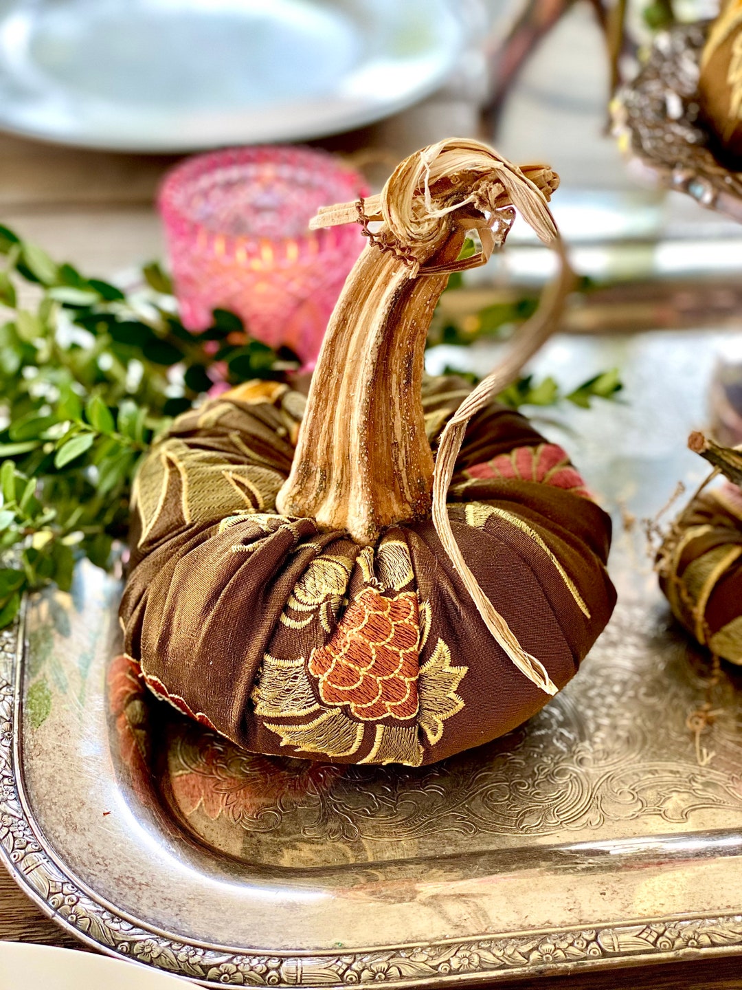 Boho Embroidered Pumpkins, Velvet Pumpkins With Real Stems, Bridal ...