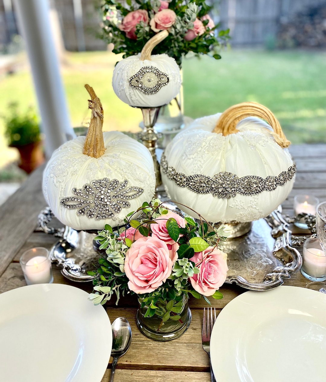 Fall Wedding Pumpkin Centerpiece With Jewels, White Pumpkins Embellished, Velvet Pumpkins With ...