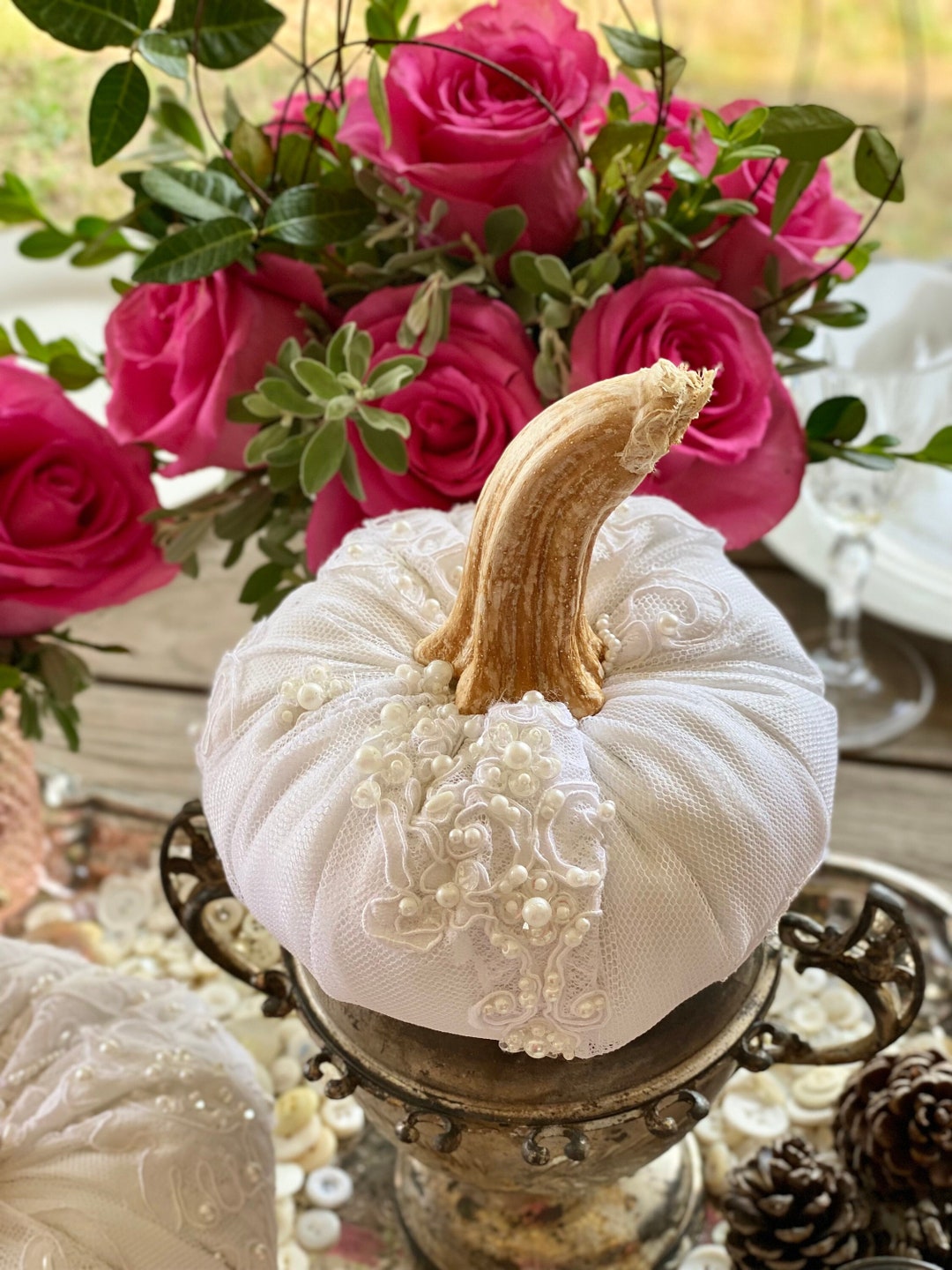 Velvet Pumpkins, White Lace & Pearl Embellished Pumpkins: Fall Wedding ...