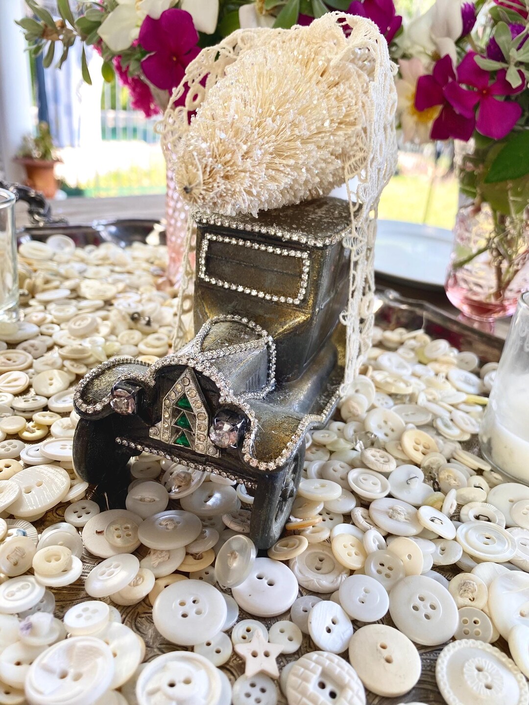 Brass Christmas Car Truck With Bottlebrush Tree, Vintage Embellished ...