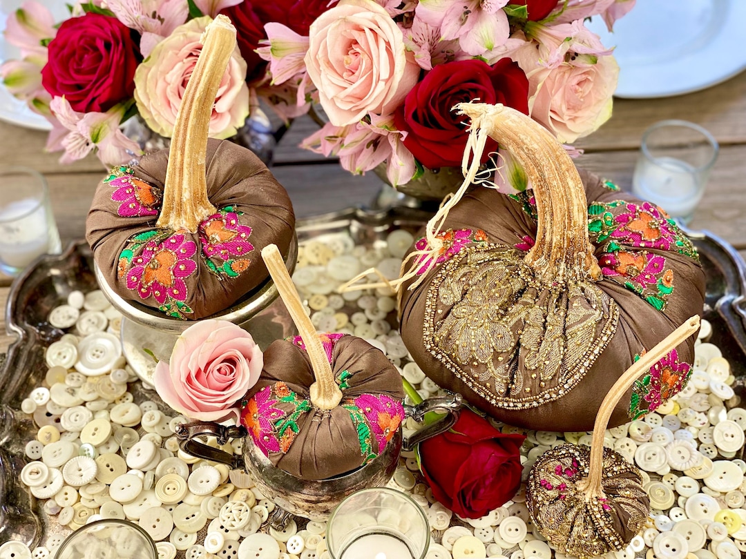 Rhinestone Velvet Pumpkins With Real Stems: Glam Harvest Decor - Set of ...