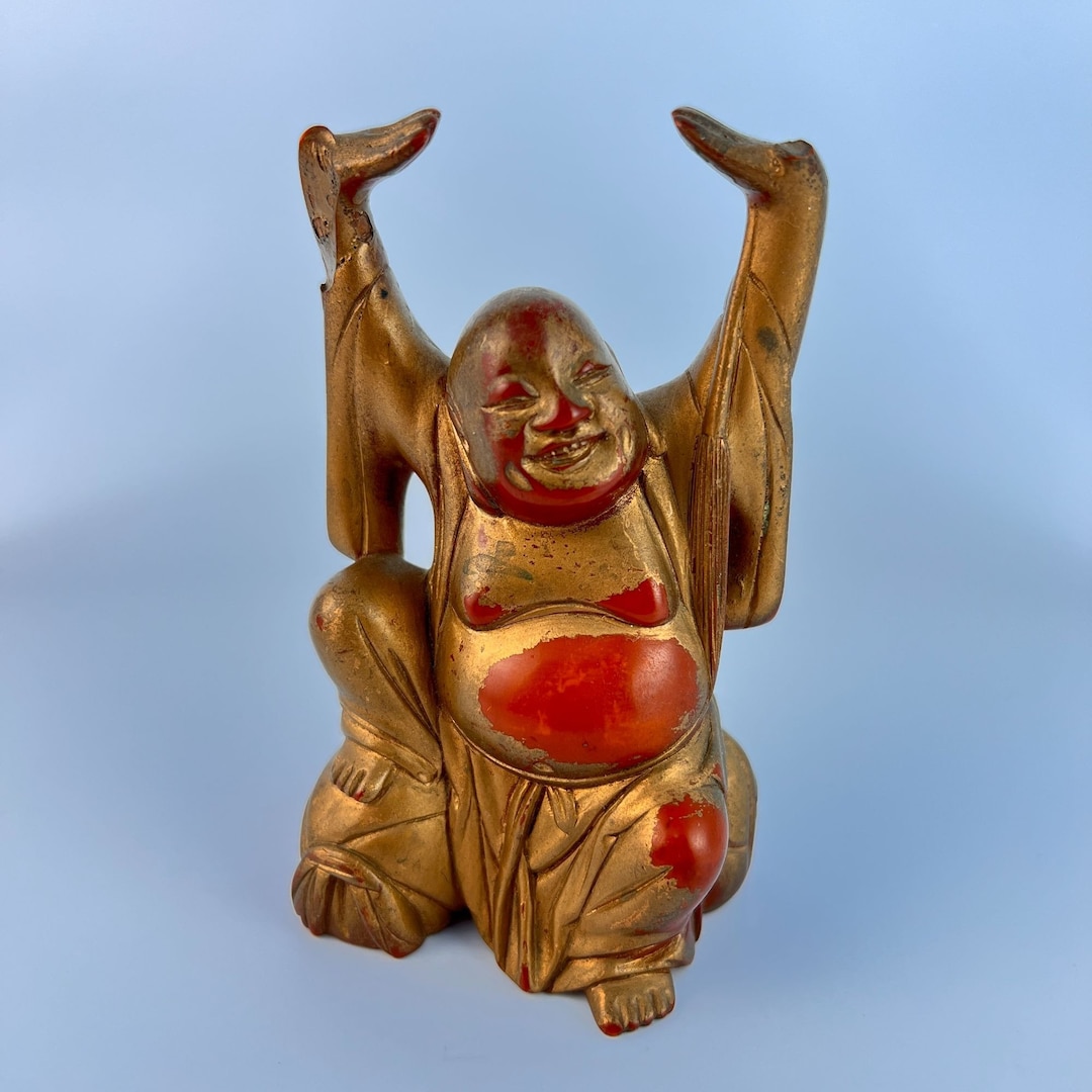 Vintage Chinese Painted Bakelite Laughing Buddha Statue Figure Signed ...
