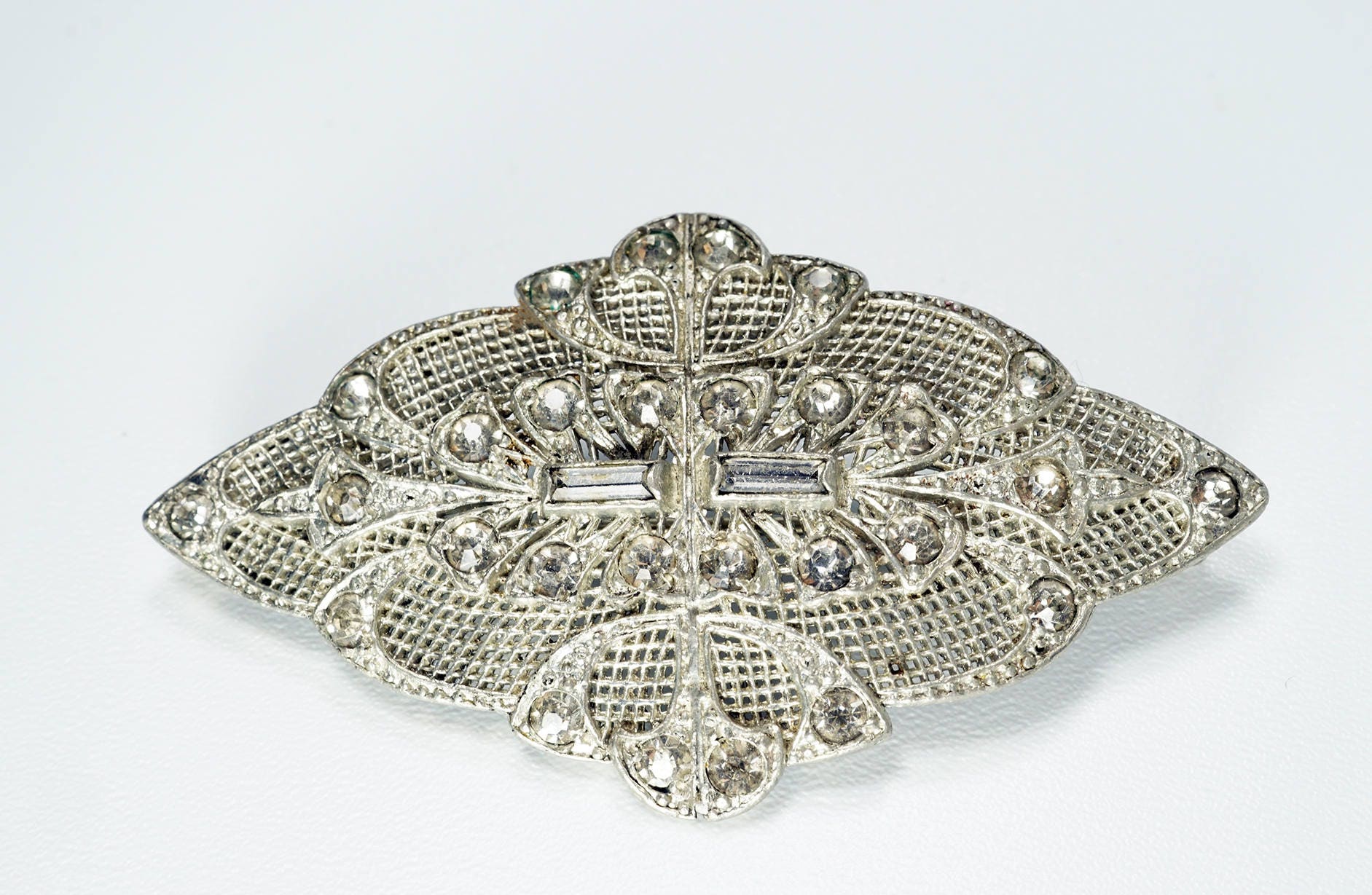 Art Deco Brooch, Pot Metal Brooch, Rhinestone Brooch, Silver Brooch ...