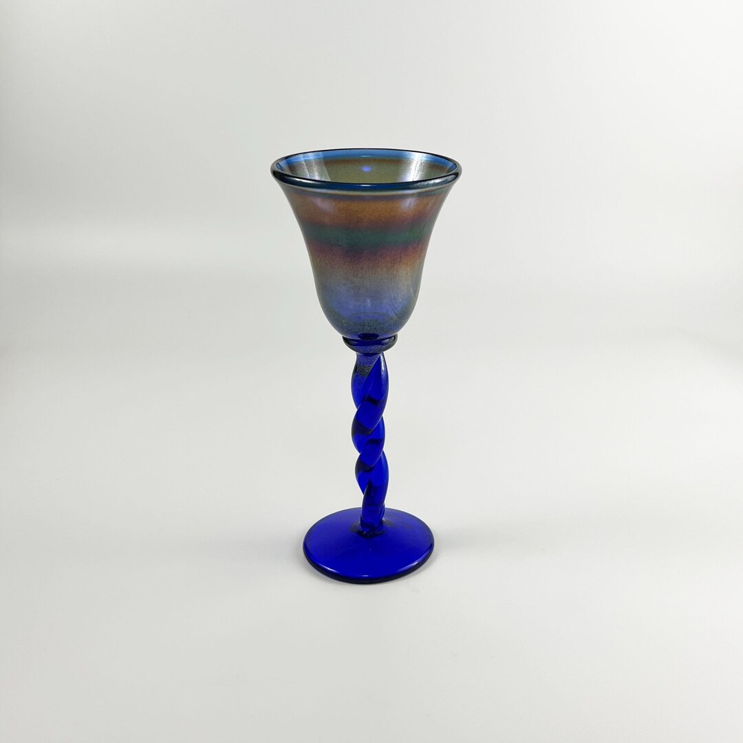 Rick Strini Studio Art Glass Iridescent Cobalt Blue Water Wine Goblet ...