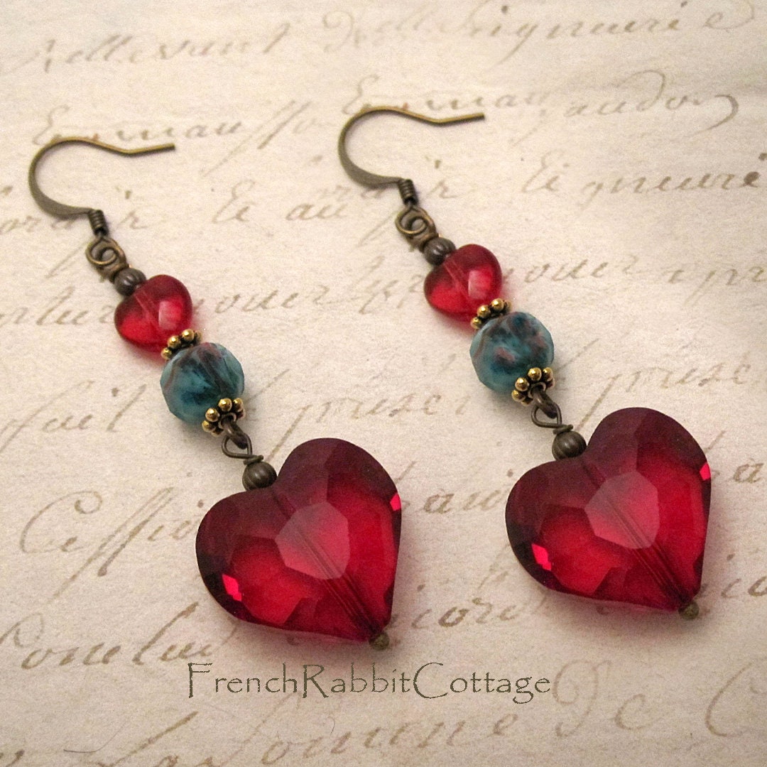 Valentines Day Large Red Heart Boho Dangle Earrings. Double Heart ...