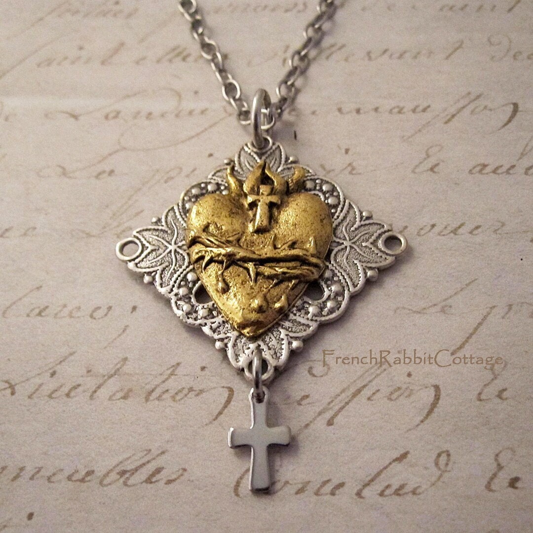 Mixed Metal Sacred Heart of Jesus Necklace Pendant. Catholic Religious ...