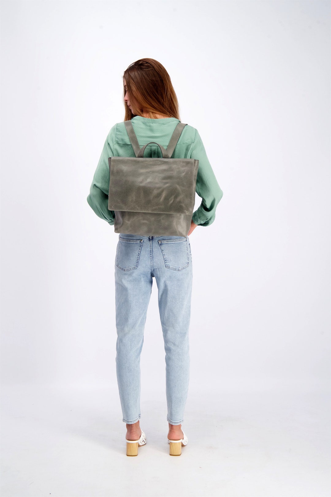Women Leather Backpack, Grey Leather Backpack, Laptop Backpack ...