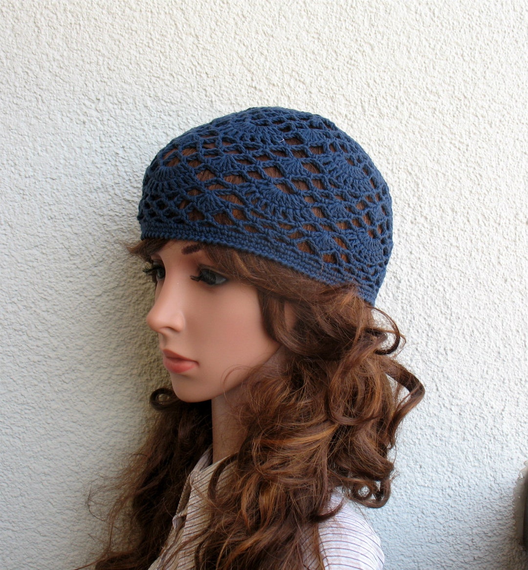 Women's Summer Hat Girls Summer Hat Navy Blue Handmade Skull Cap 100% ...