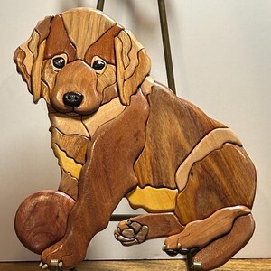 Wood Intarsia Golden Retriever Puppy Posed With a Ball Between Its 2 ...
