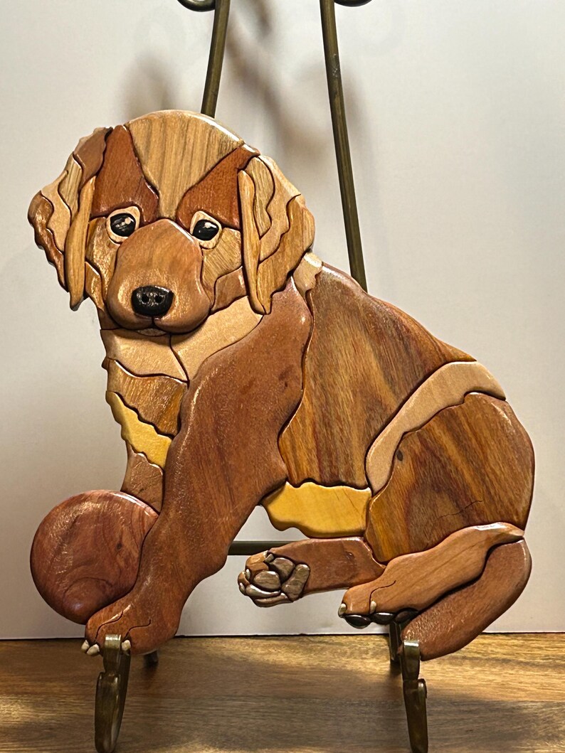 Wood Intarsia Golden Retriever Puppy Posed With a Ball Between Its 2 ...