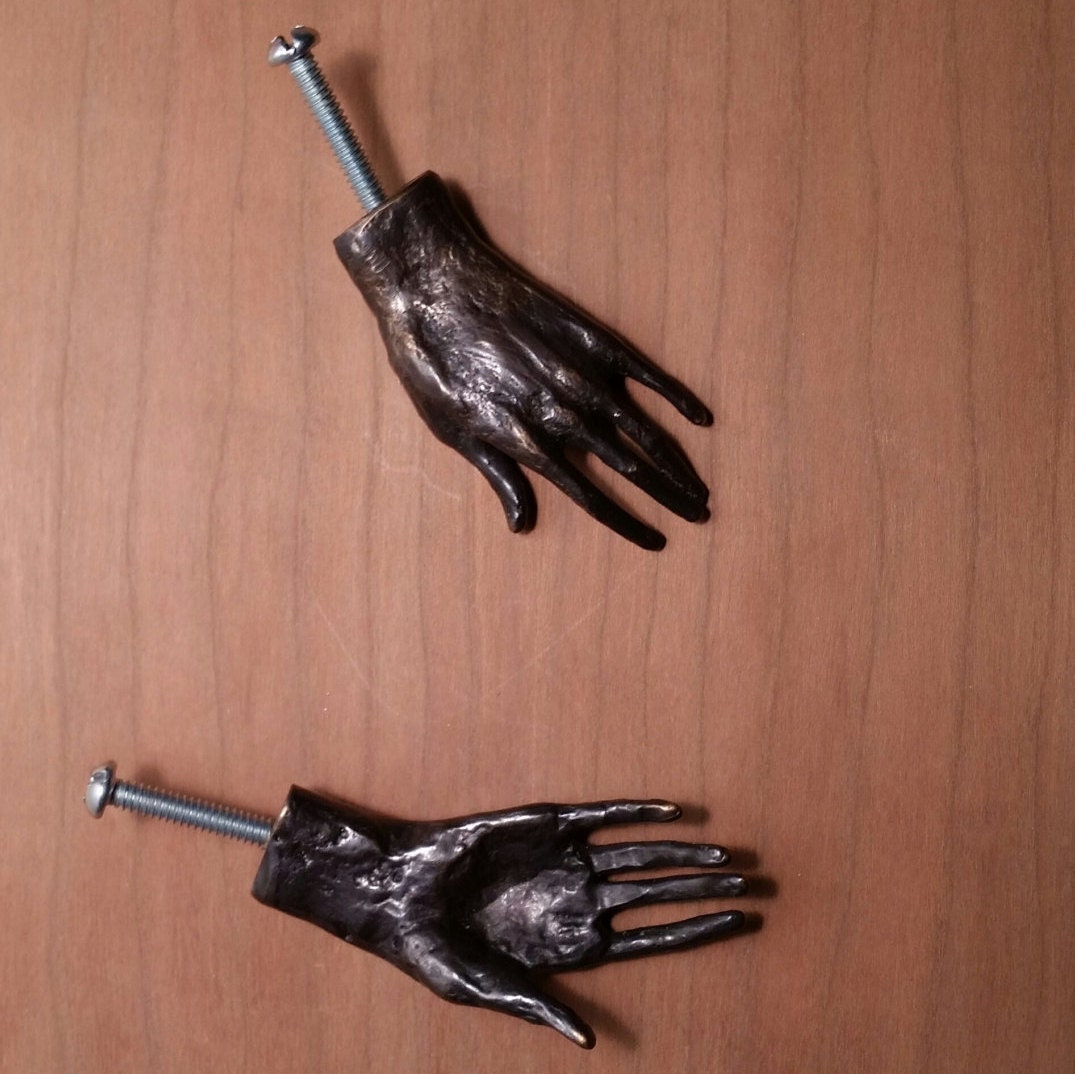 Cabinet and drawer pulls 2 long small bronze hands with | Etsy