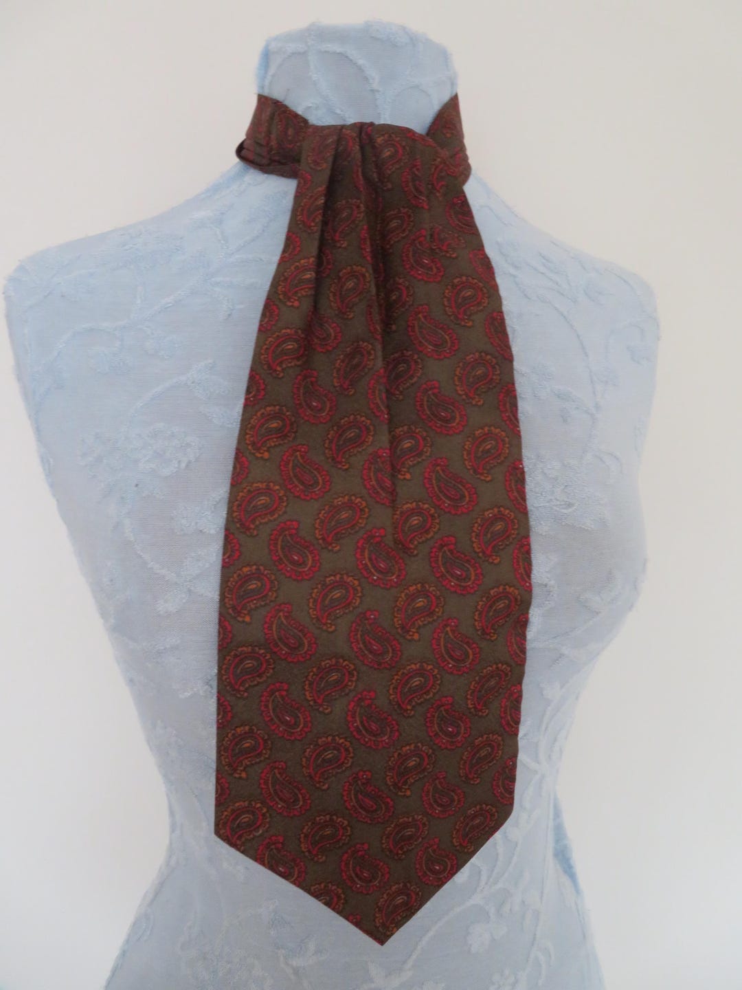 Vintage Olive Green & Red Paisley Print Silky Fabric Cravat/neck Tie ...