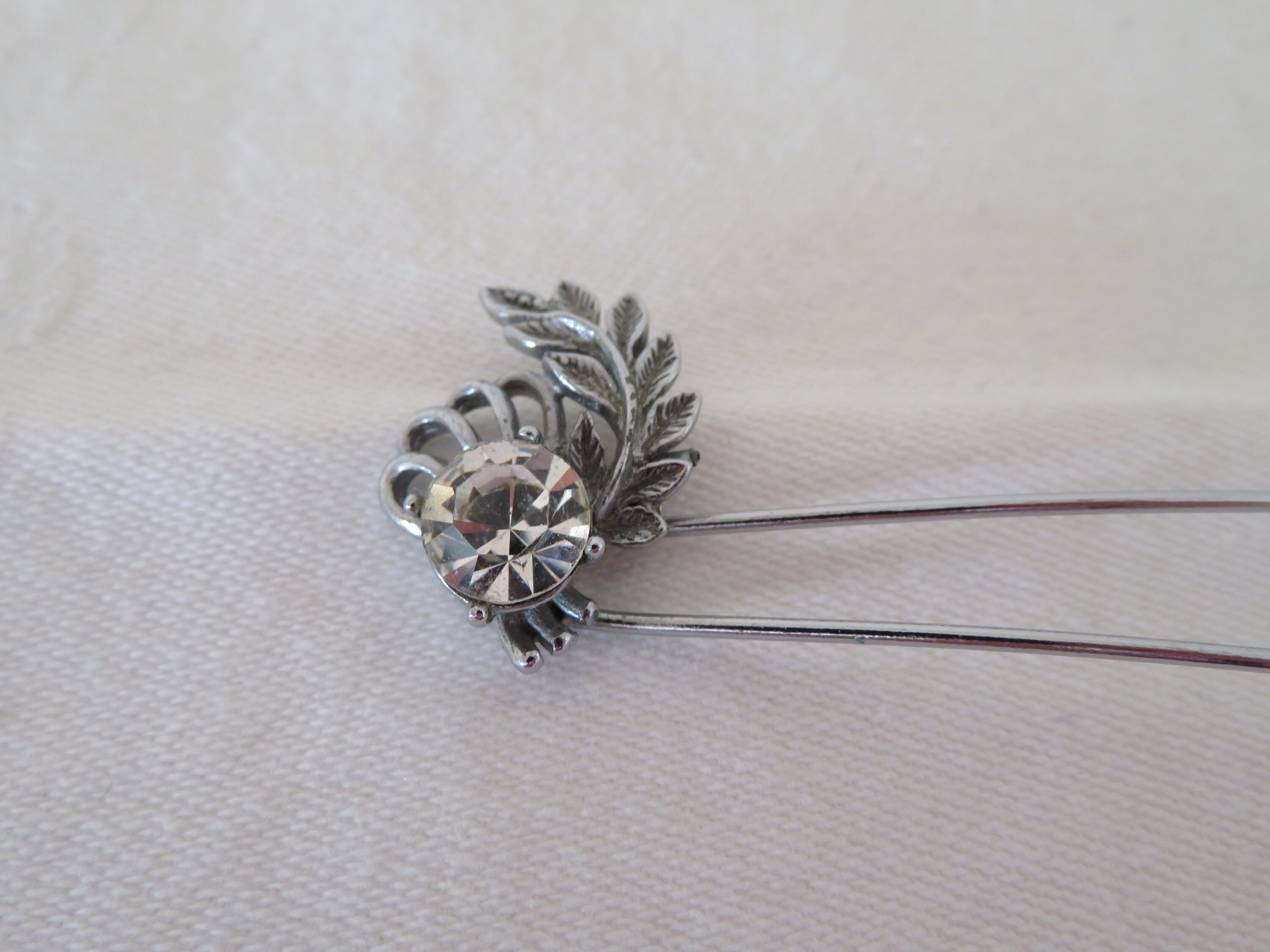 Vintage Double Pronged Hair Pin with Chrome Foliage and Flower | Etsy