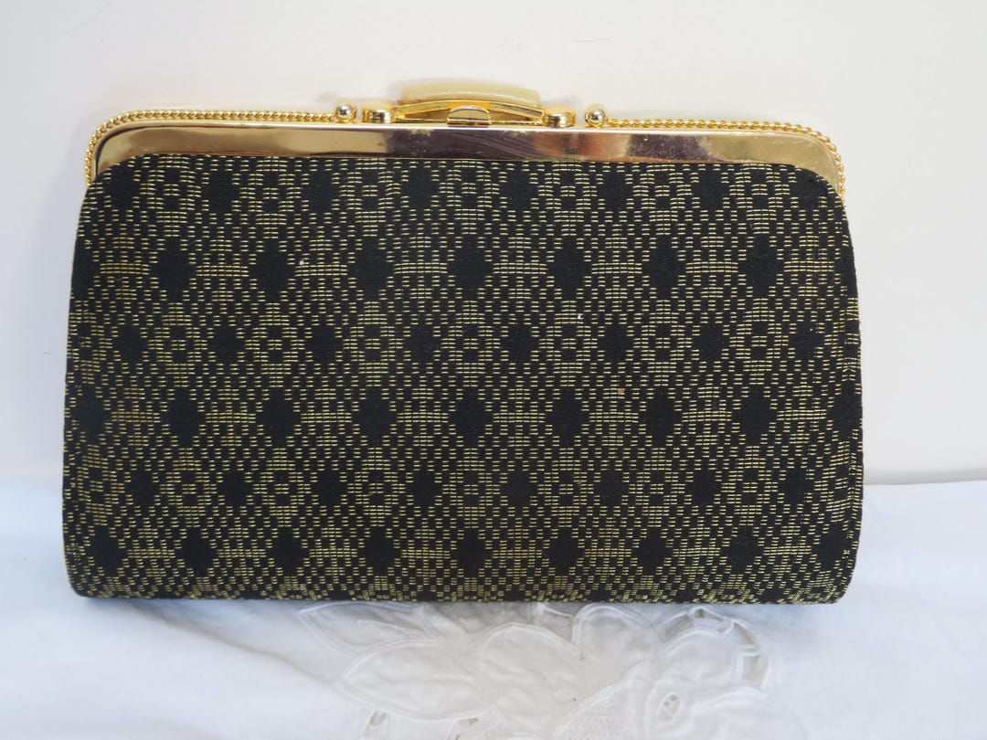 Vintage Black & Gold Songket Fabric Bag/purse With Faux Mother of Pearl ...