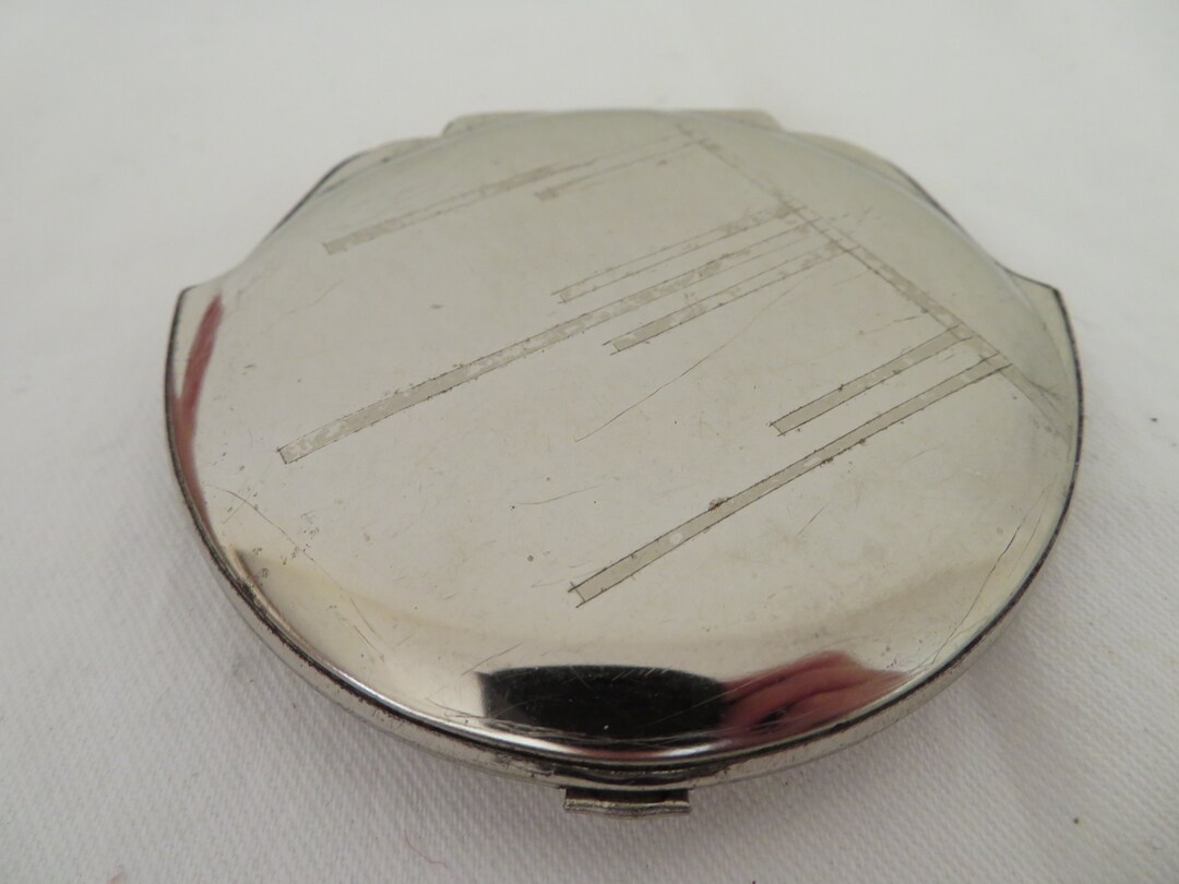 Vintage Chrome Slimline L Powder Compact With Engraved Geometric Design ...
