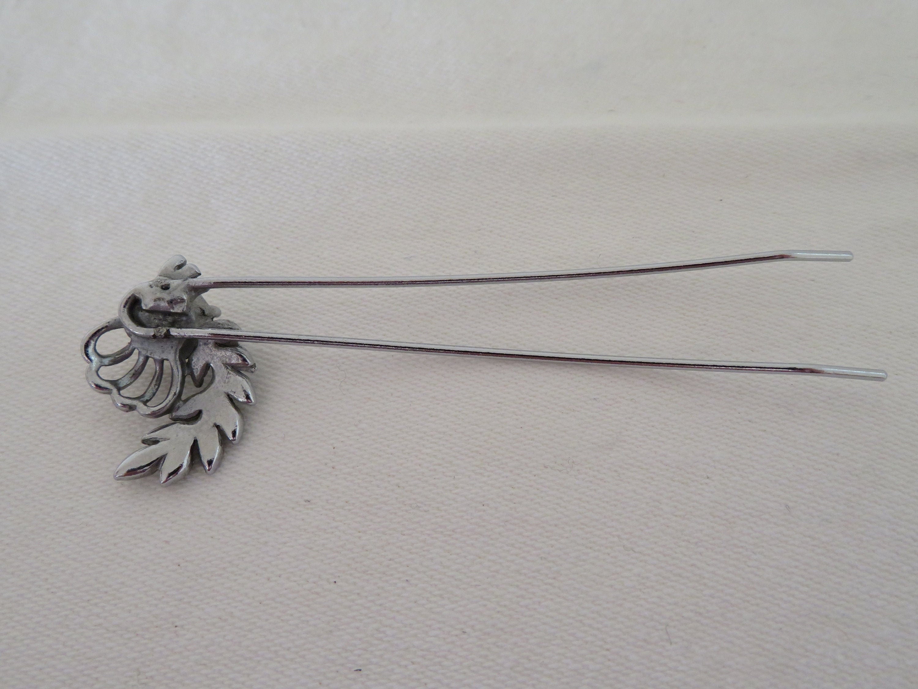 Vintage Double Pronged Hair Pin With Chrome Foliage and Flower | Etsy