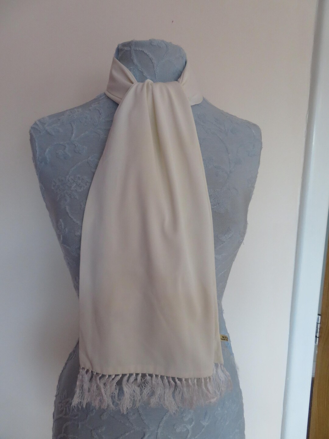 Vintage Classic Ivory Silky Feel Nylon Long Evening Scarf With Tassels ...