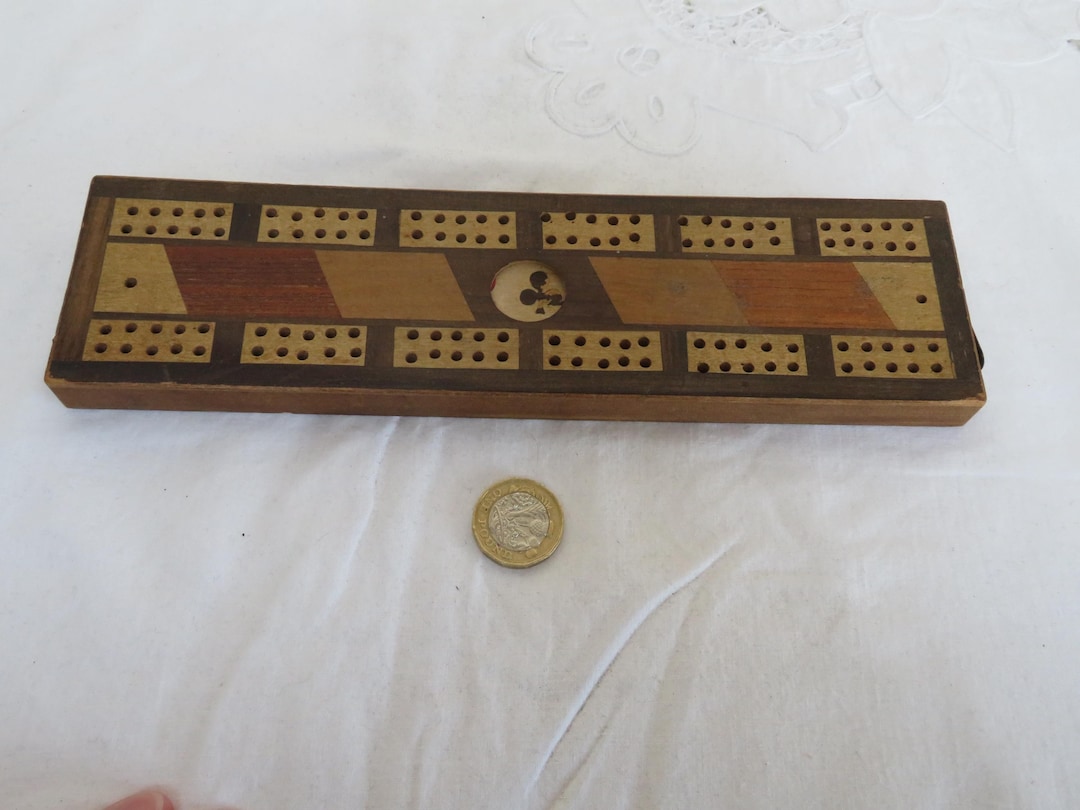Vintage Inlaid Wood Cribbage Board With & Suits Marker and Storage ...