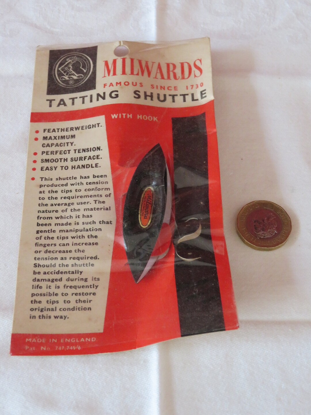 Vintage Black & White Lucite Tatting Shuttle by Milwards in Original ...