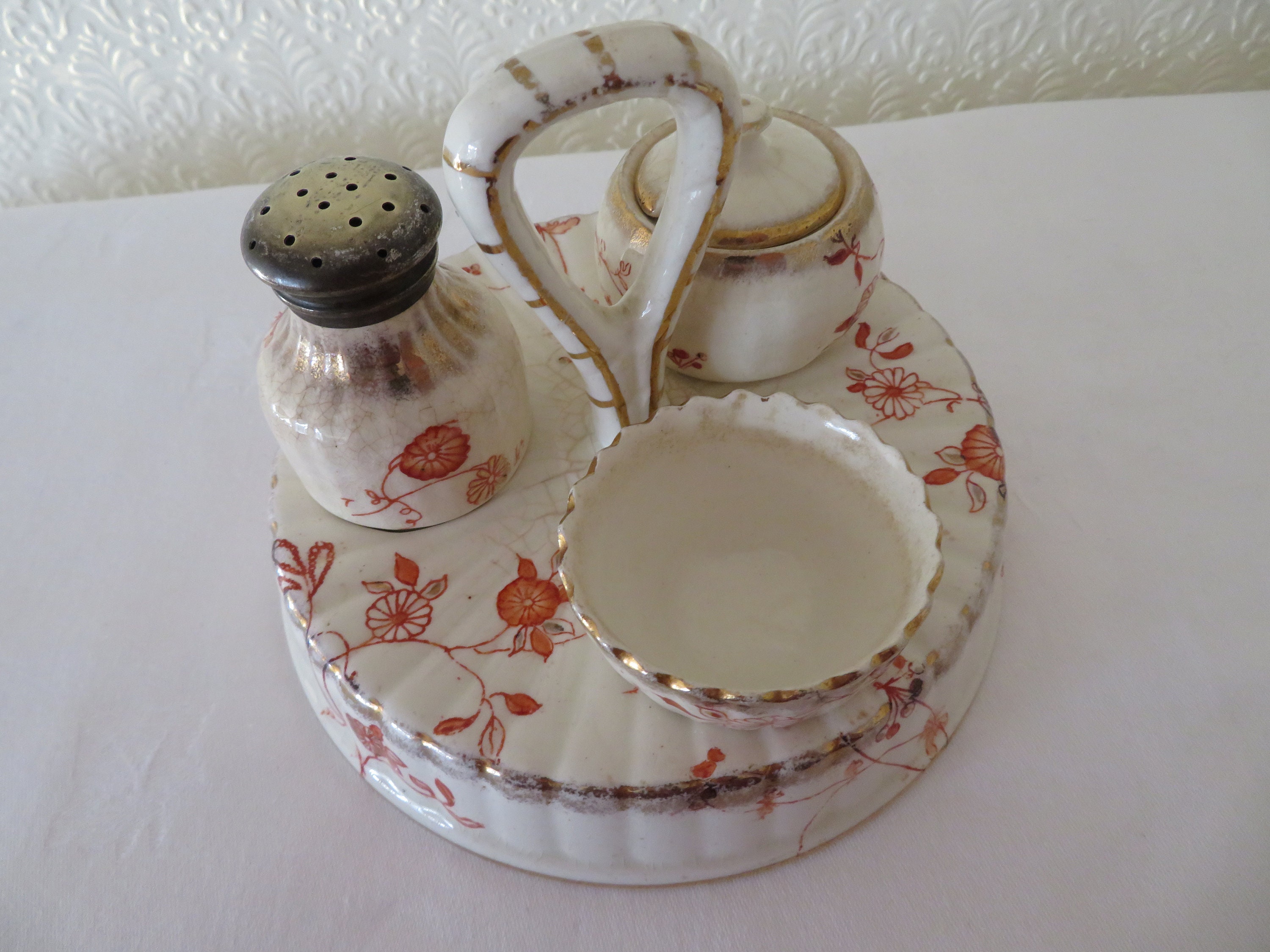 Victorian Ceramic Cruet Set – Orange Floral Condiment Holder, Reg ...
