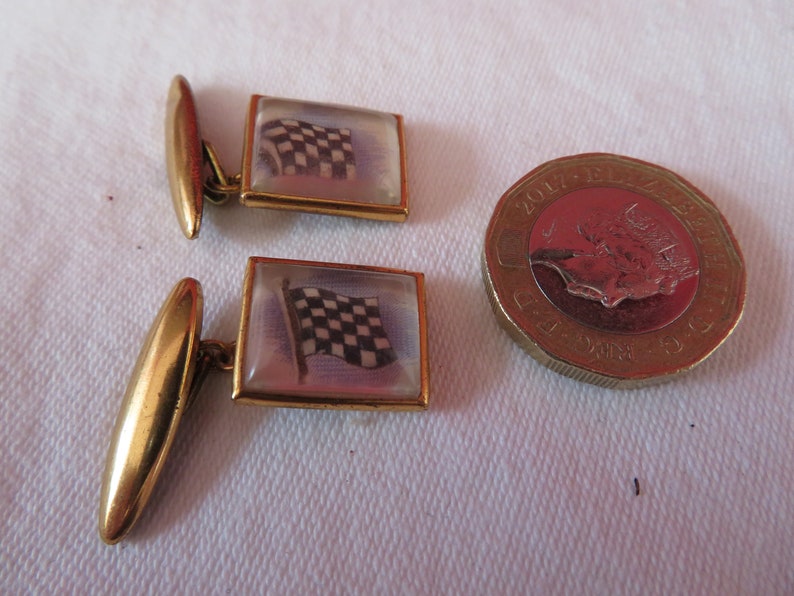 Vintage Gold Tone Chequered Flag Cufflinks - Hand Painted Under Lucite ...